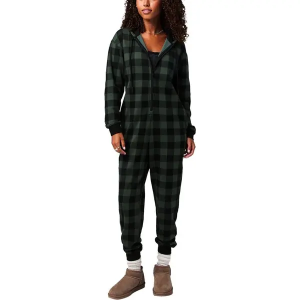FABLETICS Cozy Fleece Hooded Jumpsuit - Pine Shadow Buffalo Check