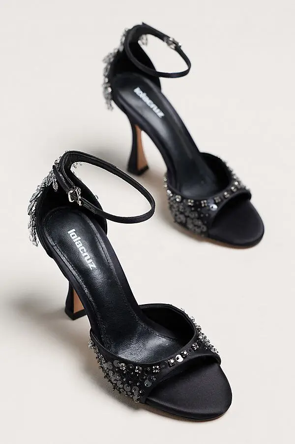 Lola Cruz Sequin Ankle Strap Heels - Black