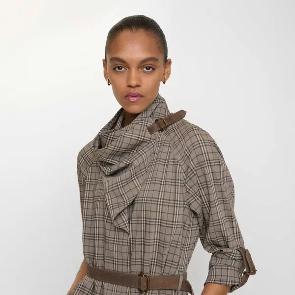 Burberry Check Wool Scarf Collar Dress - Linen Beige/Mole Grey |  Editorialist