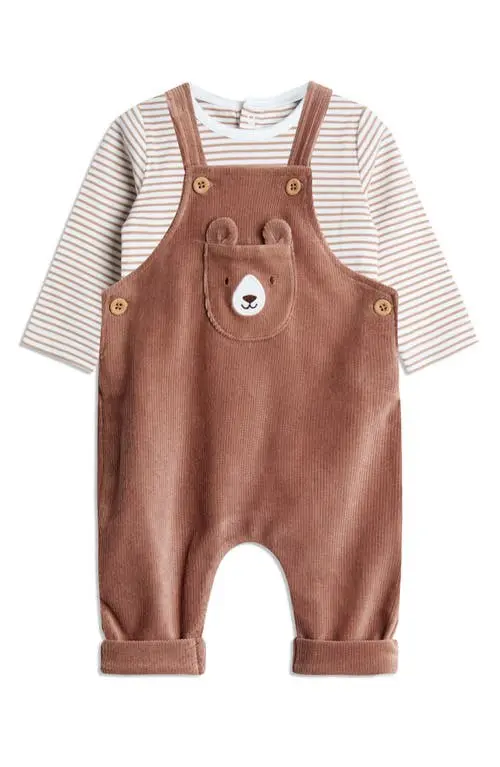 JOJO MAMAN BEBE Stripe Long Sleeve Bodysuit & Bear Appliqué Overalls Set - Brown