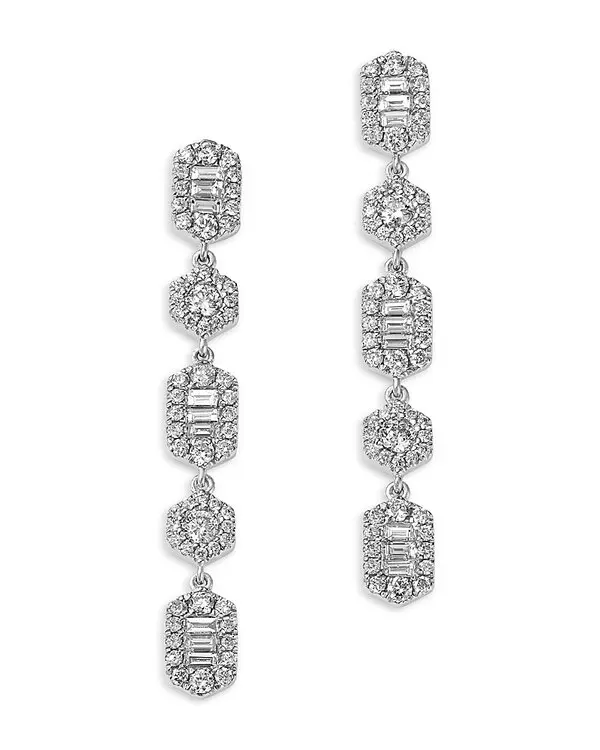 Bloomingdale'S Diamond Round & Baguette Cluster Linear Drop Earrings 0.94 Tcw - White Gold