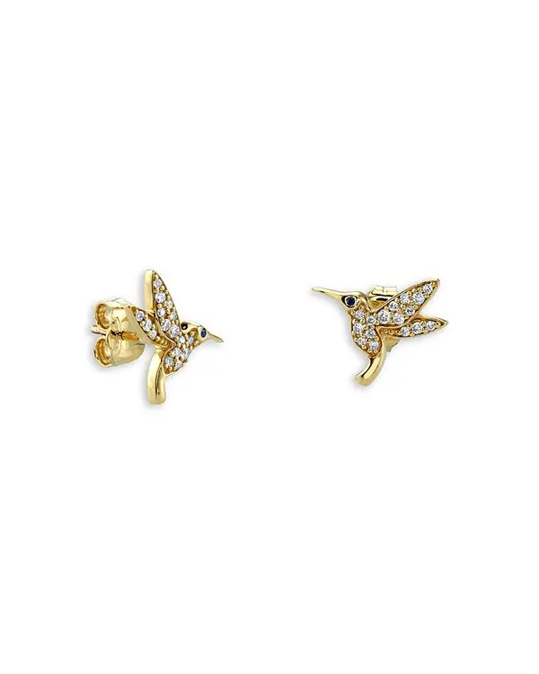SYDNEY EVAN 14k Yellow Diamond And Sapphire Hummingbird Stud Earrings - Gold
