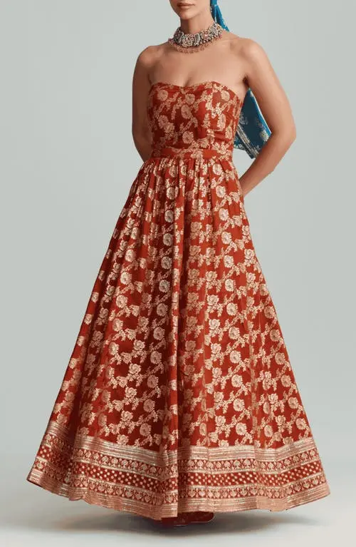 HOLICHIC Amber Metallic Embroidery Strapless Gown - Rust