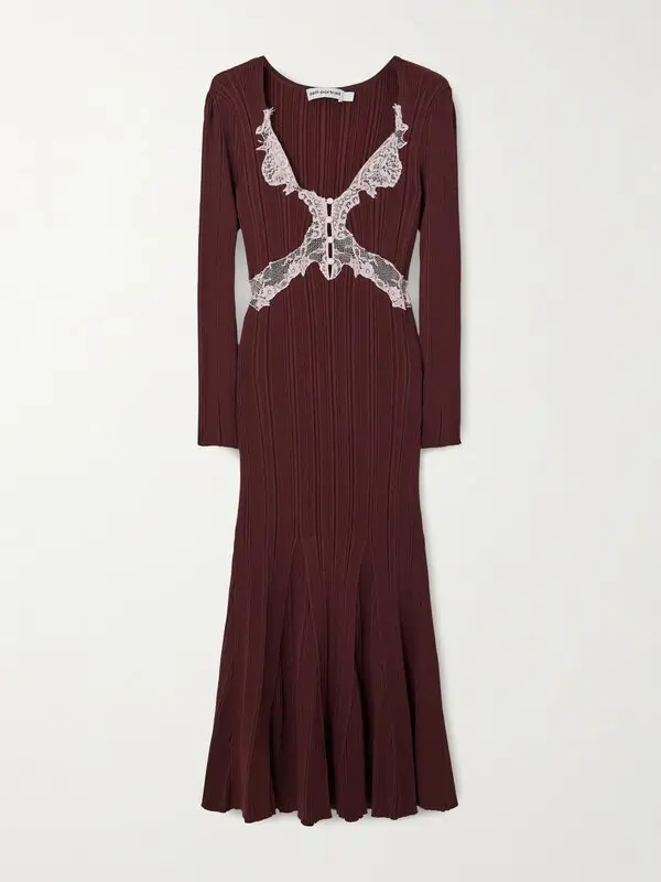 SELF-PORTRAIT Lace-trimmed Ribbed-knit Midi Dress