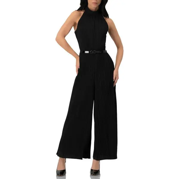 IVONNE Pleated High-neck Jumpsuit With Belt - Black