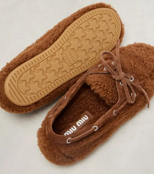 Miu Miu Suede-trimmed Shearling Boat Shoes - Brown