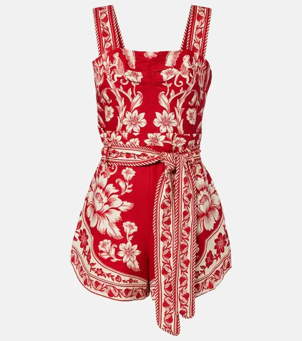 Farm Rio Guanacaste Belted Linen-blend Romper - Red