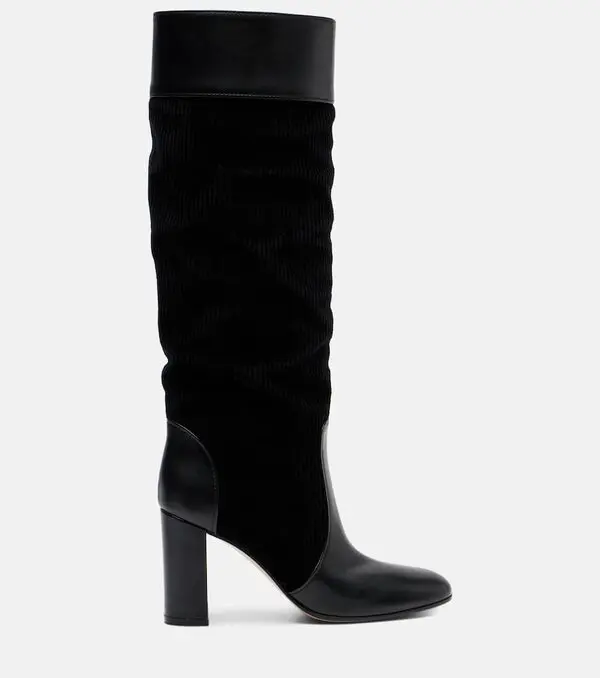 GIANVITO ROSSI Leather And Corduroy Knee-high Boots - Black
