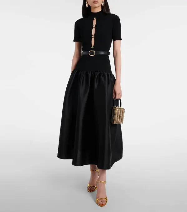 SELF-PORTRAIT Belted Keyhole Cutout Taffeta Midi Dress