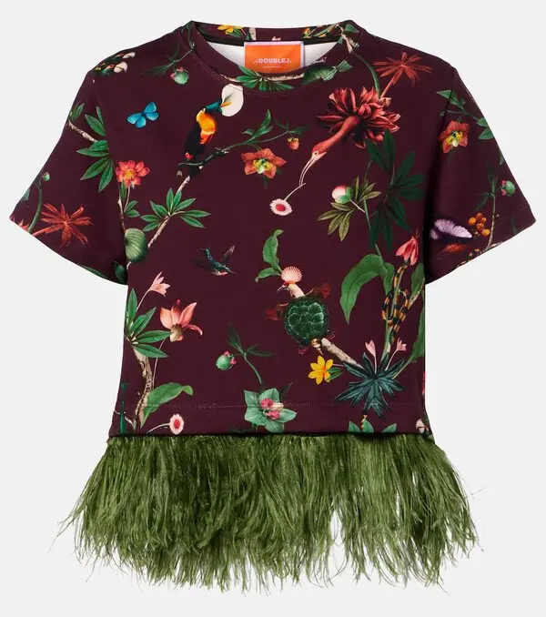 La DoubleJ La Scala Feather-trimmed T-shirt - Burgundy