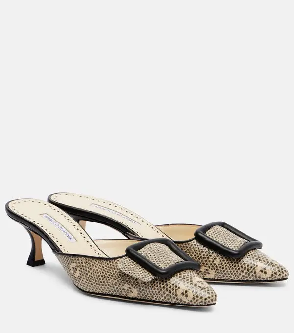Manolo Blahnik Maysale 50 Snake-effect Leather Mules - Beige