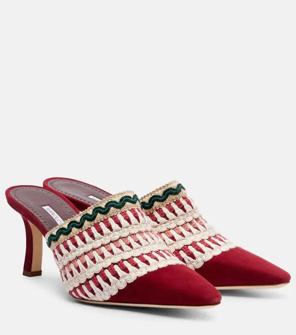 Manolo Blahnik Alo 70 Embroidered Suede Mules