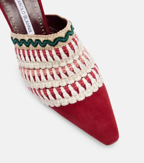 Manolo Blahnik Alo 70 Embroidered Suede Mules - Red