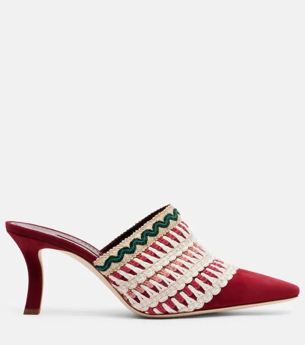 Manolo Blahnik Alo 70 Embroidered Suede Mules - Red