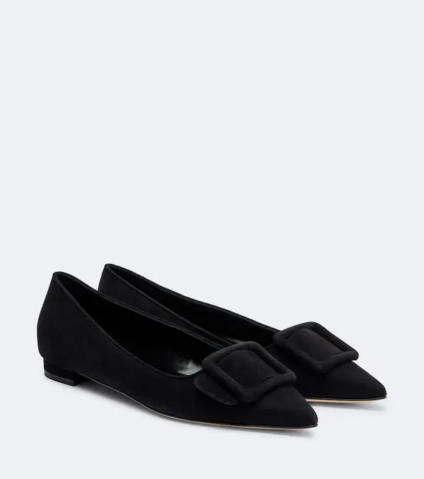 Manolo Blahnik Maysale Suede Pointed Toe Ballet Flats - Black
