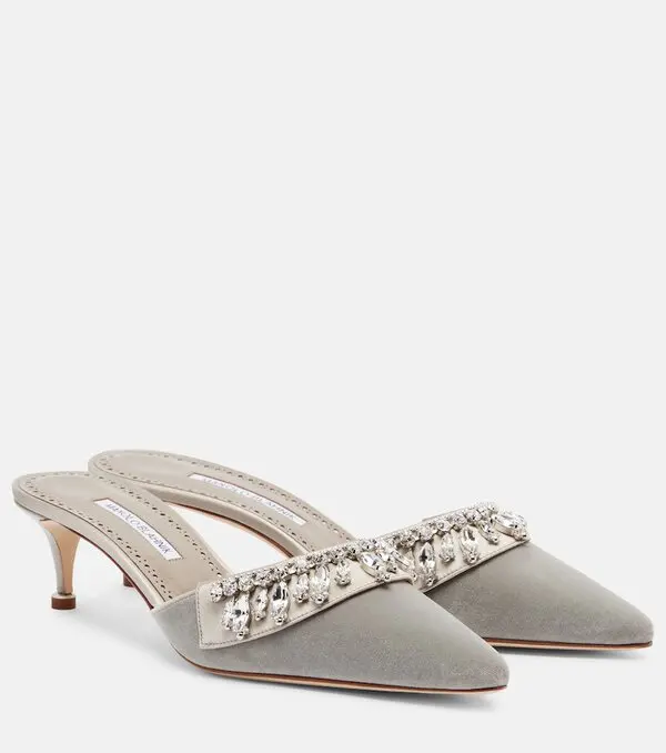 Manolo Blahnik Tulipe 50 Embellished Velvet Mules - Grey