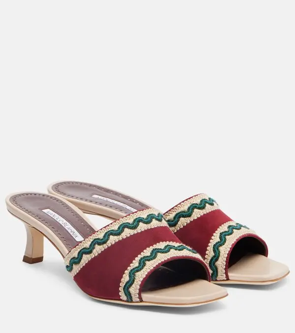 Manolo Blahnik Marebis 50 Embroidered Suede Mules - Red