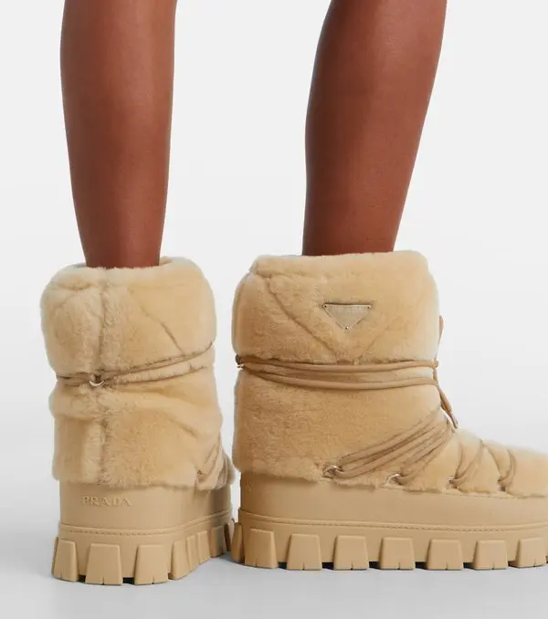 Prada Shearling And Leather Boots - Beige