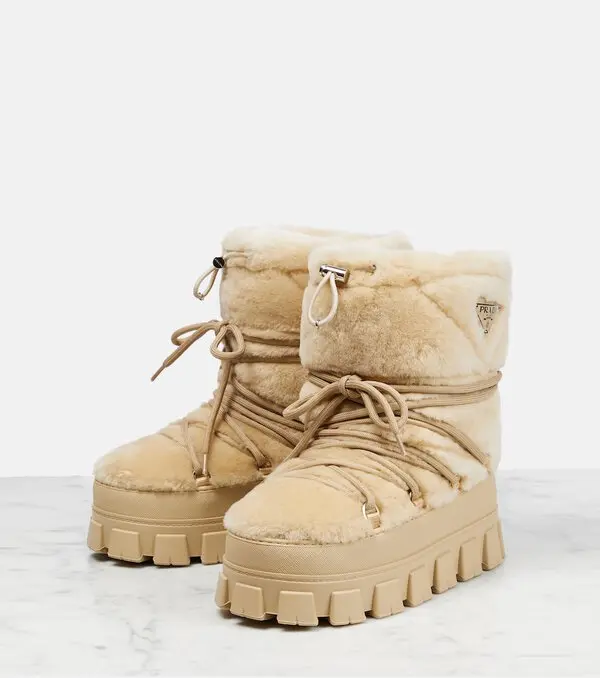 Prada Shearling And Leather Boots - Beige