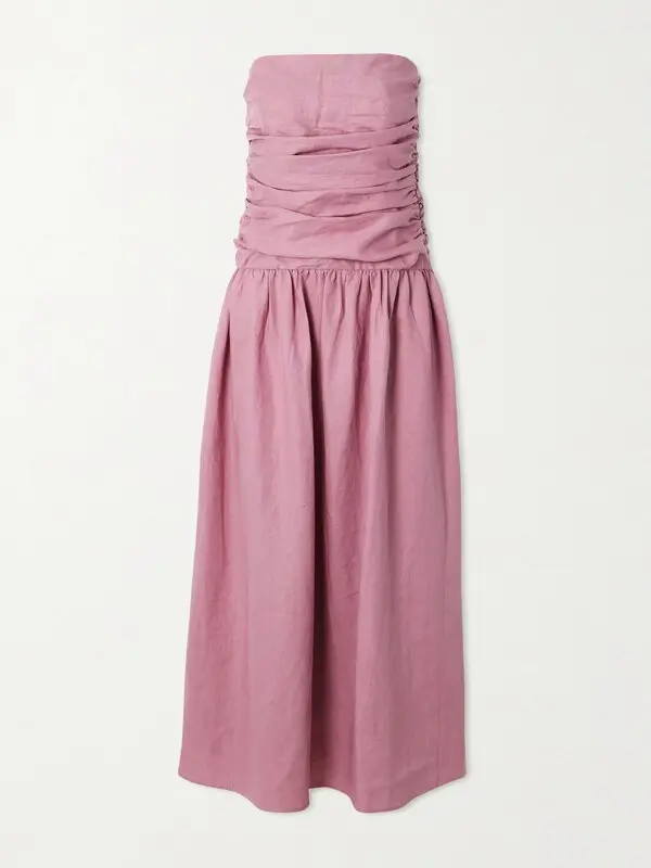 Faithfull The Brand Sacha Ruched Pleated Linen Maxi Dress - Pink