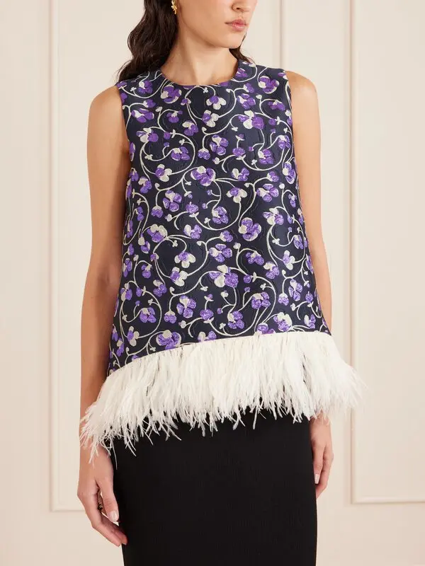 La DoubleJ La Scala Asymmetric Feather-trimmed Metallic Jacquard Top - Purple