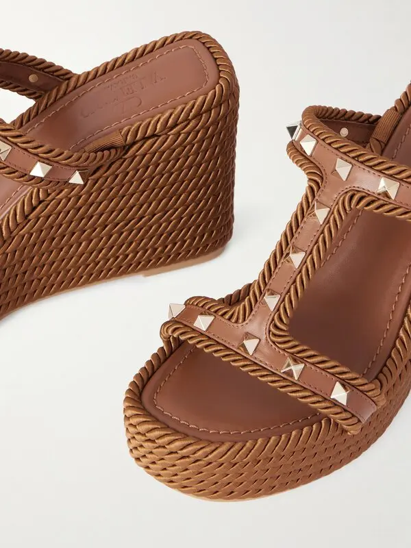 Valentino Garavani Rockstud Leather Wedge Mules - Brown