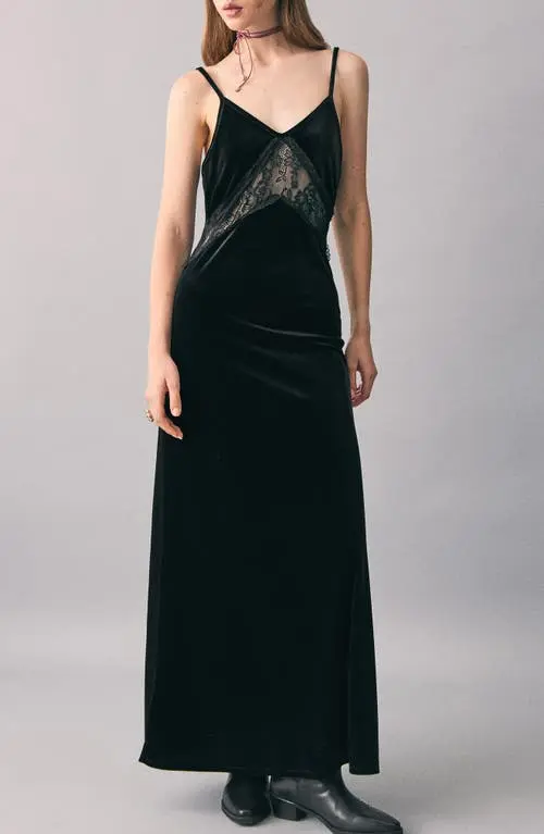 Mango Lace Trim Velvet Maxi Dress