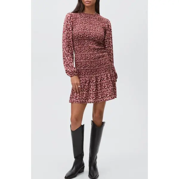 Mango Smocked Floral Long Sleeve Dress - Maroon