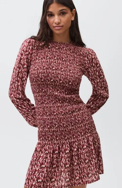 Mango Smocked Floral Long Sleeve Dress - Maroon