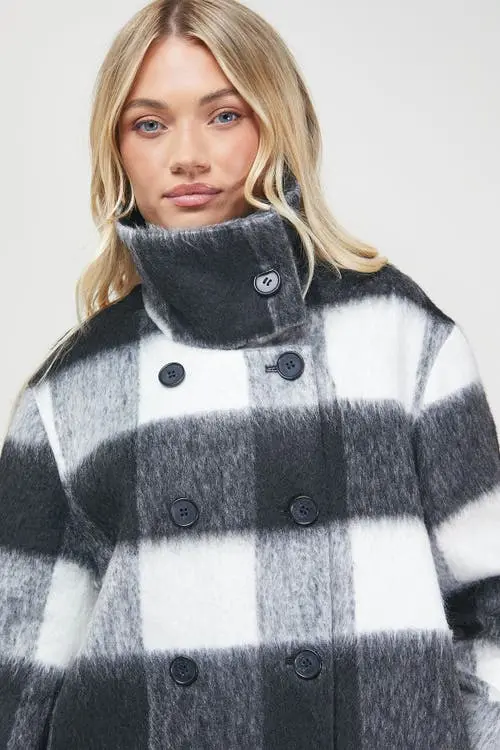 OASIS Brushed Check Funnel Neck Coat