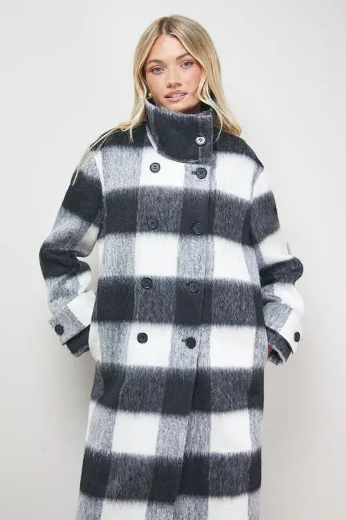 OASIS Brushed Check Funnel Neck Coat
