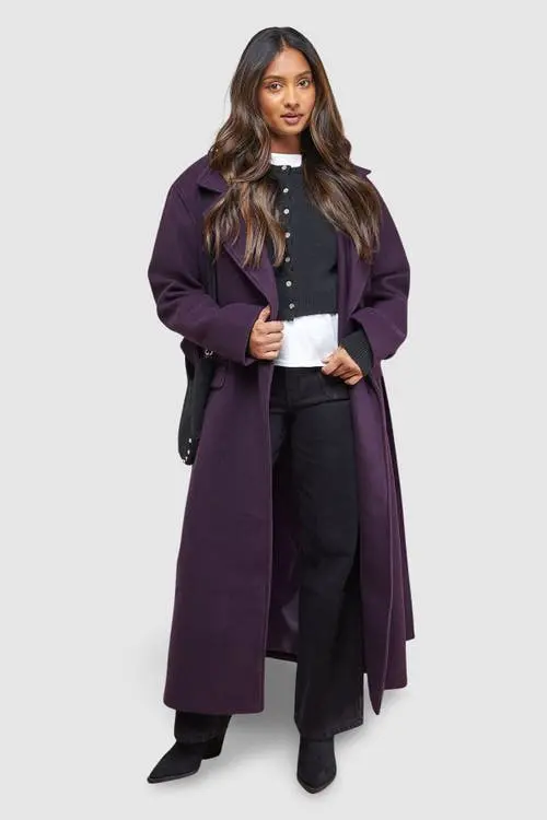 OASIS Midi Coat With Tie Belt Detail - Berry