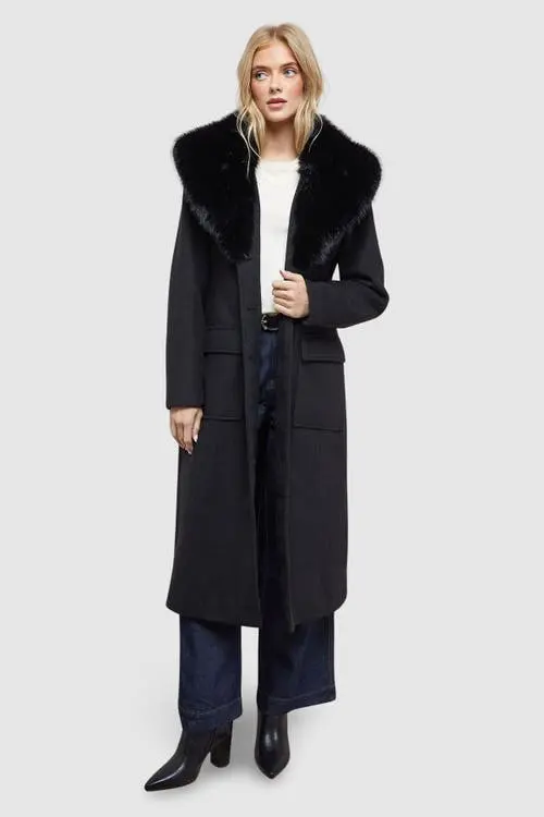 OASIS Belted Coat With Faux Fur Collar