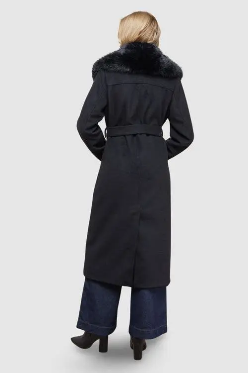 OASIS Belted Coat With Faux Fur Collar