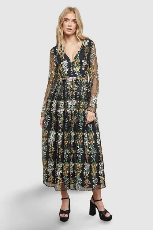 OASIS Floral Embroidered Open Back Midi Dress - Multi