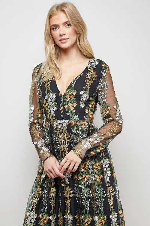 OASIS Floral Embroidered Open Back Midi Dress