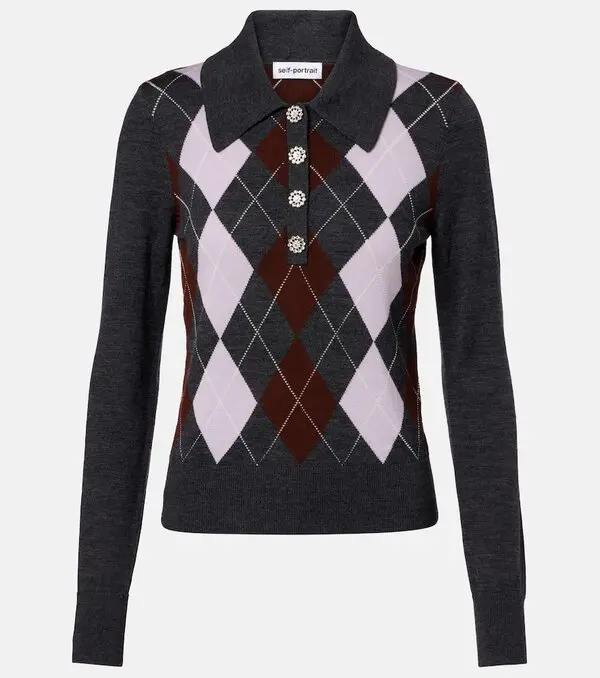 SELF-PORTRAIT Argyle Wool Polo Sweater