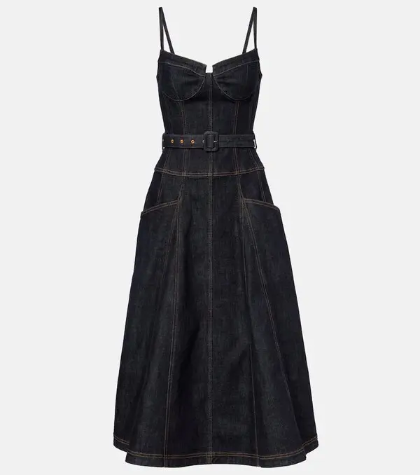 SELF-PORTRAIT Belted Denim Bustier Dress - Blue