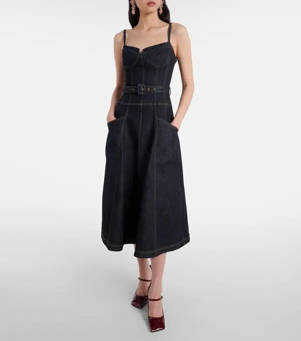 SELF-PORTRAIT Belted Denim Bustier Dress