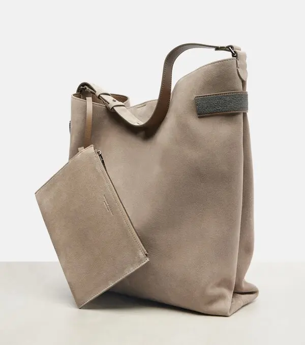 Brunello Cucinelli Essence Monili Large Suede Tote Bag - Grey