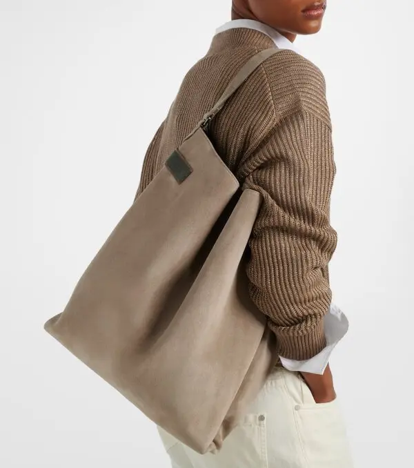 Brunello Cucinelli Essence Monili Large Suede Tote Bag - Grey