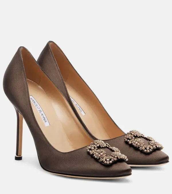 Manolo Blahnik Hangisi 90 Embellished Satin Pumps - Brown