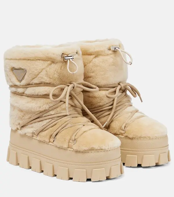 Prada Shearling And Leather Snow Boots - Beige
