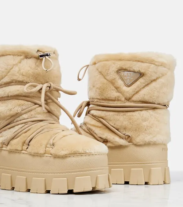 Prada Shearling And Leather Snow Boots - Beige