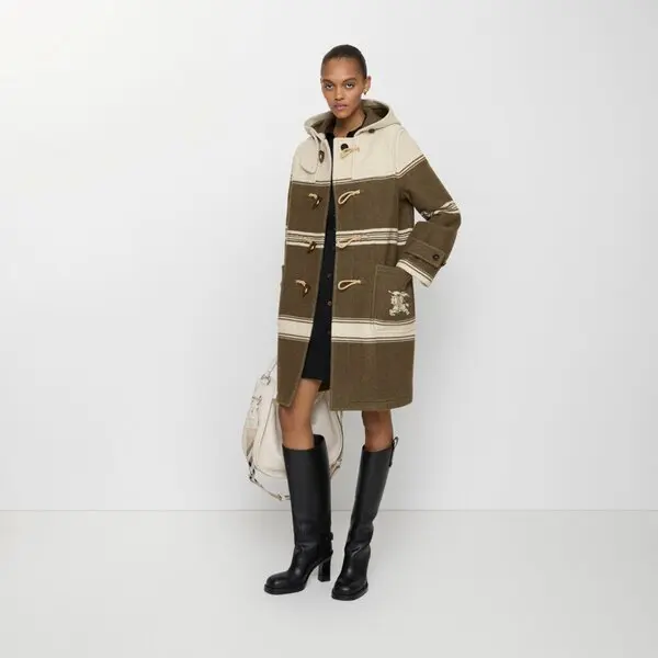 Burberry Striped Wool Cotton Blend Duffle Coat