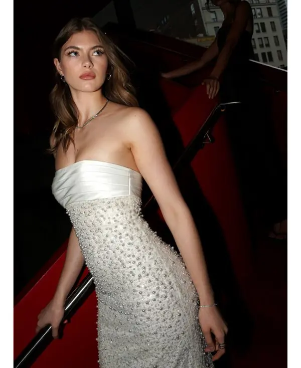 lainey gold satin sequin dress Lainey Gold Satin Sequin Pearls Beaded Maxi Dress – THE DRESSING ROOM main image 0