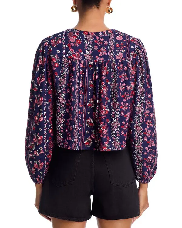 Aqua Paisley Tie-front Long-sleeve Top