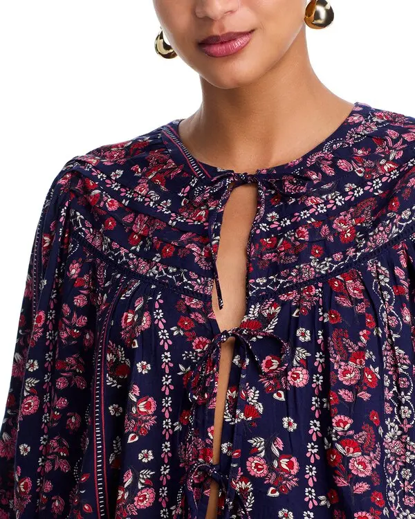 Aqua Paisley Tie-front Long-sleeve Top