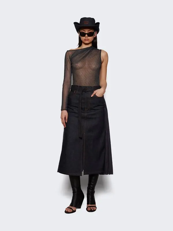 COURREGES One-shoulder Striped Mesh Top - Black And Ruby