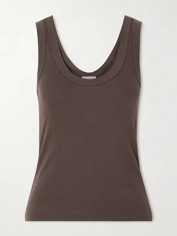 Brunello Cucinelli Ribbed Cotton-blend Jersey Tank - Brown